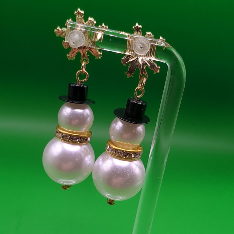 Snowman Dangle Drop Earrings, White Gold Black Plastic Metal, Butterfly ...