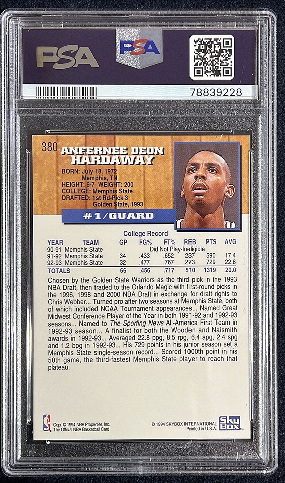 1993 HOOPS BASKETBALL ANFERNEE "PENNY" HARDAWAY ROOKIE CARD #380 -- PSA ...