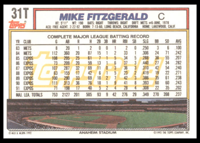 1992 Topps Traded #31T Mike Fitzgerald California Angels | eBay