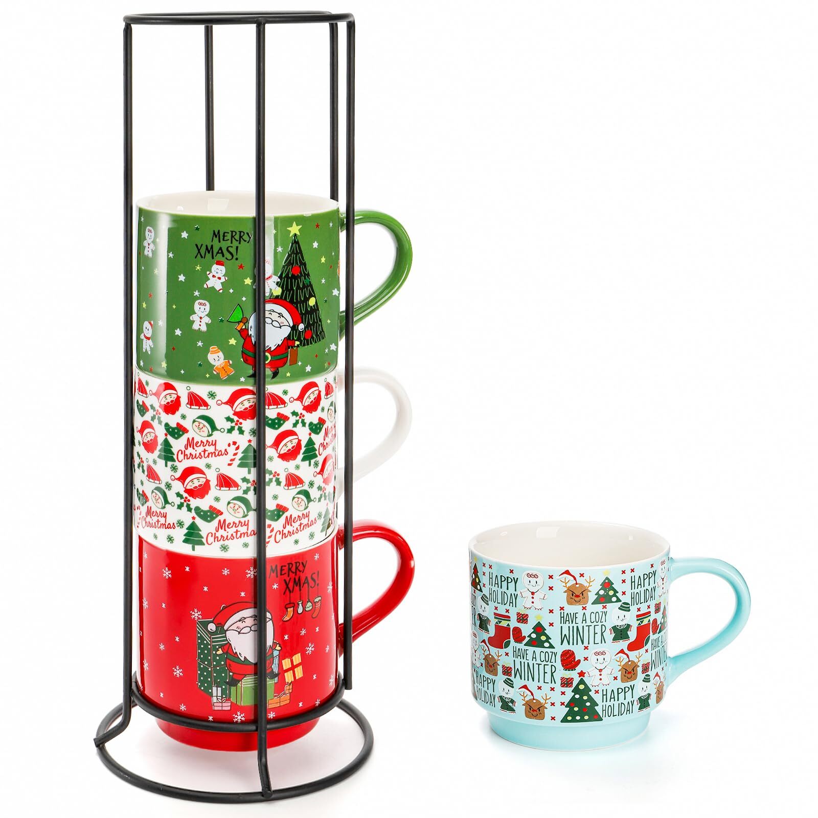 Elsjoy Set of 4 Christmas Stackable Coffee Mugs with Rack, 15 oz ...