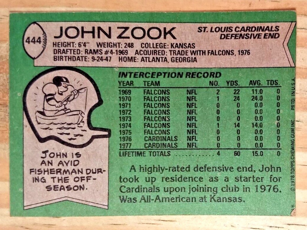 1978 TOPPS JOHN ZOOK CARD#444 KANSAS ATLANTA FALCONS ST LOUIS CARDINALS ...