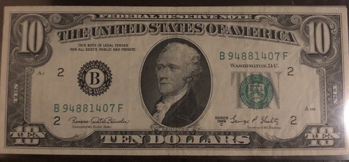 1969 Ten Dollar Bill 10 US Federal Reserve Note Series C Vintage 1969-ten-dollar-bill-10-us-federal-reserve-note-series-c-vintage