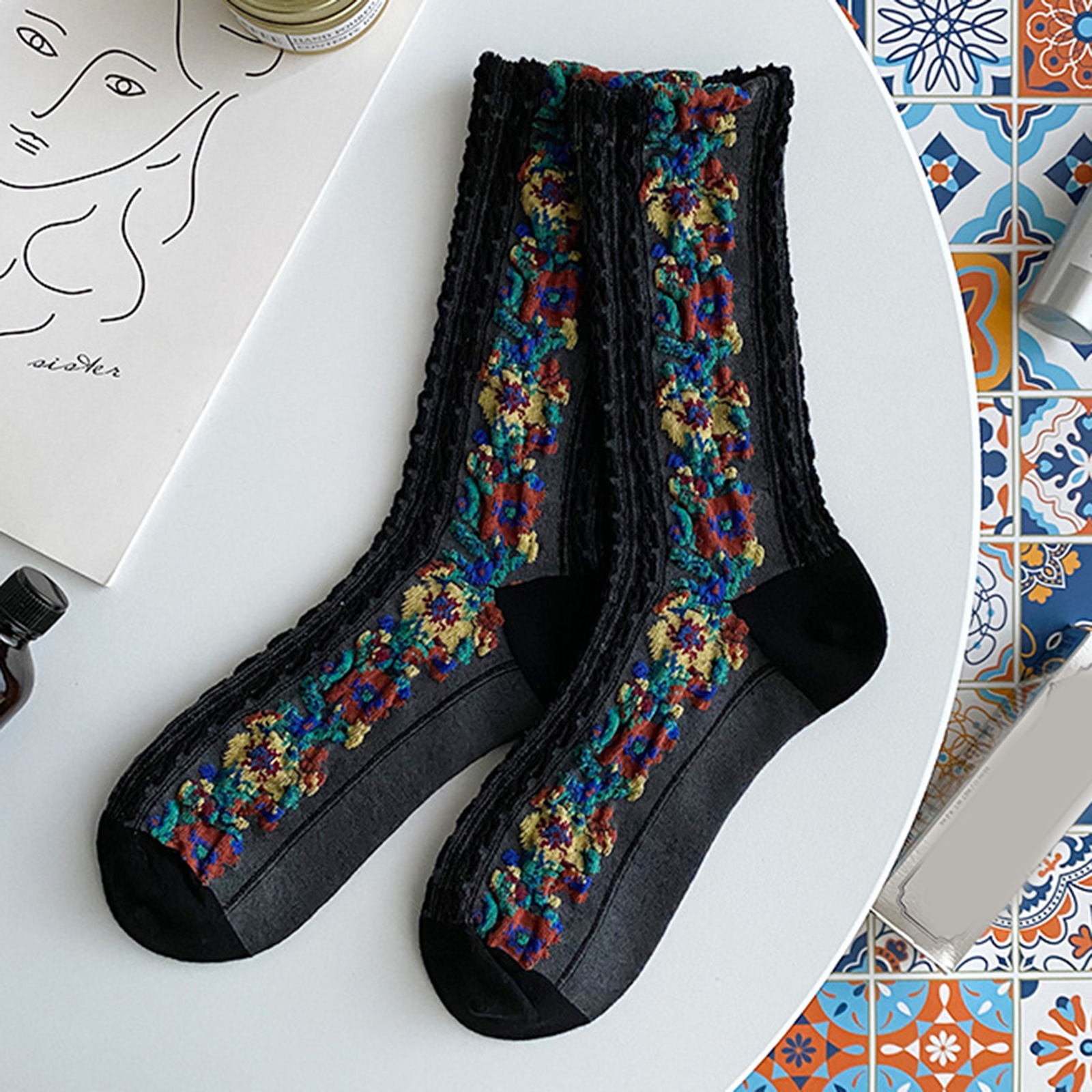 1 Pair Retro Socks High Elastic Cold Resistant Flower Pattern Ethnic ...