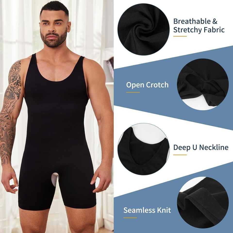 Men's Full Body Shaper Slimming Compression Bodysuit Thigh Slimmer ...