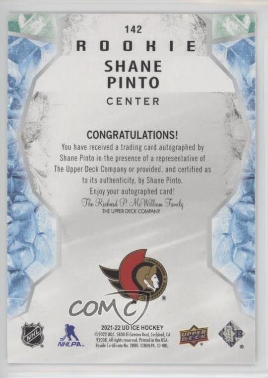 2021-22 Upper Deck Ice White Snowflake Shane Pinto #142 Rookie Auto RC ...
