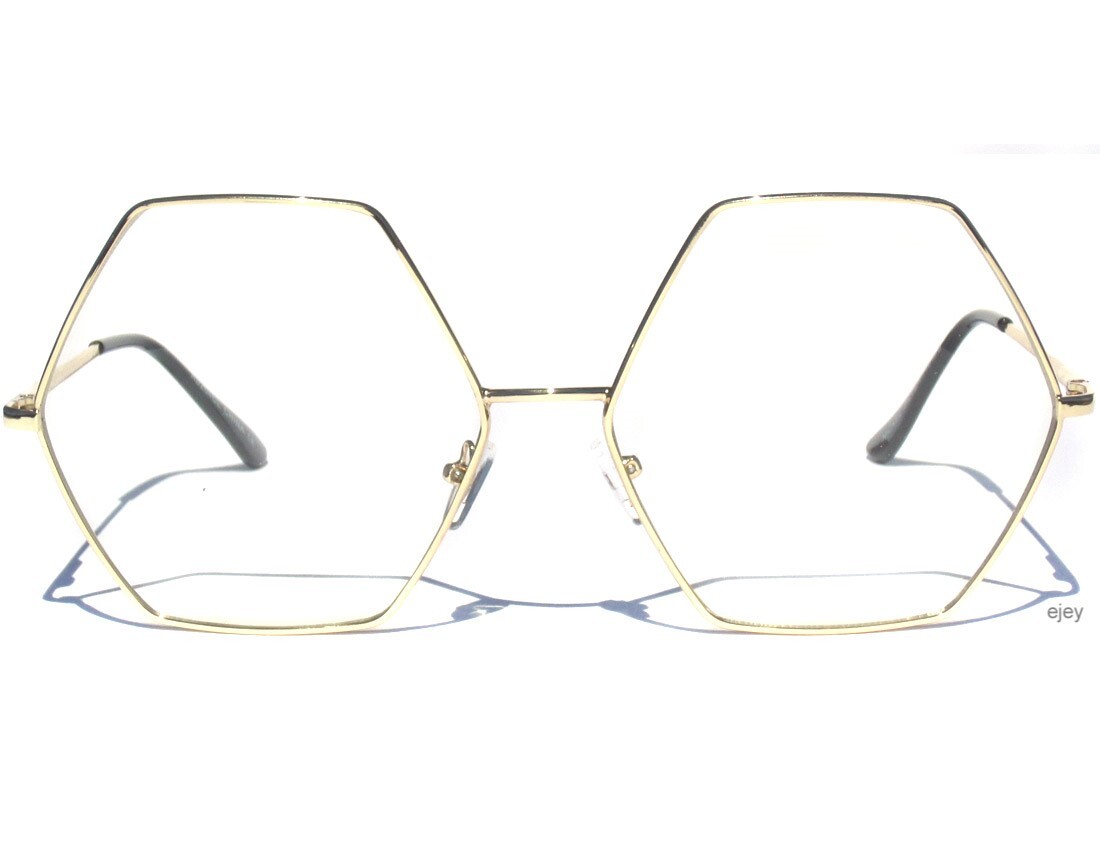 LARGE Pentagon Frame Clear Lens Eye Glasses Gold Fashion Retro Vintage ...