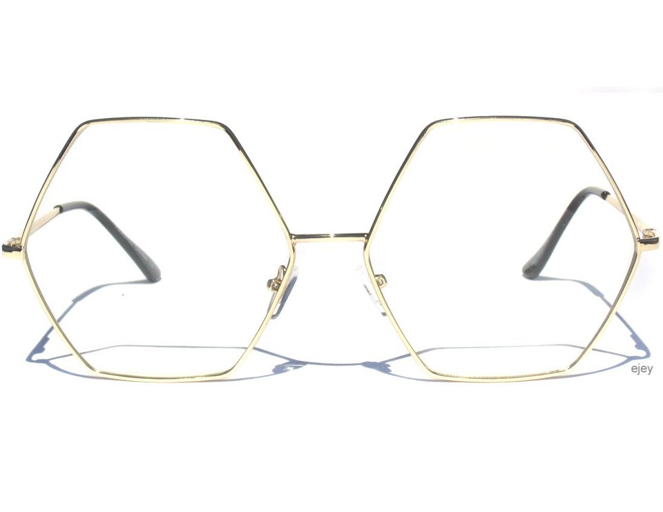 LARGE Pentagon Frame Clear Lens Eye Glasses Gold Fashion Retro Vintage ...