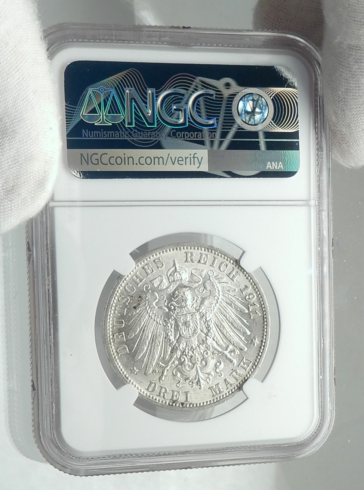 1911 GERMANY German State King Wurttemburg Silver 3 Mark Coin NGC MS 64 ...