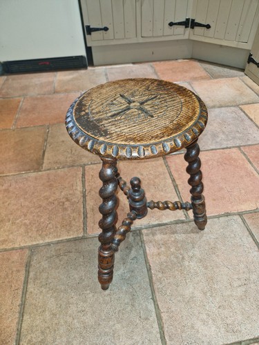 Three Legged Oak Stool with Barley Twist Legs | eBay UK