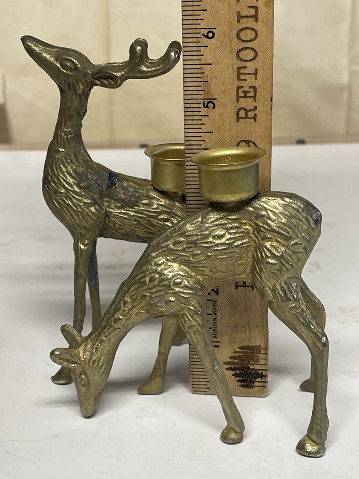 Vintage Pair 2 BRASS Deer Candle Holder Candlestick Buck Doe Reindeer ...
