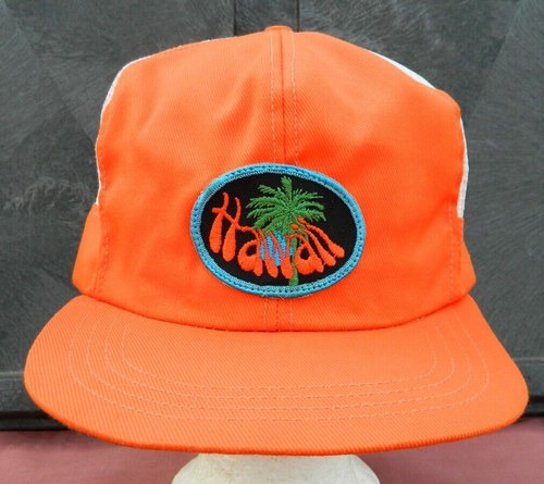 Vtg HAWAII PALM TREE PATCH Trucker Hat Orange W/White Mesh Sides ...