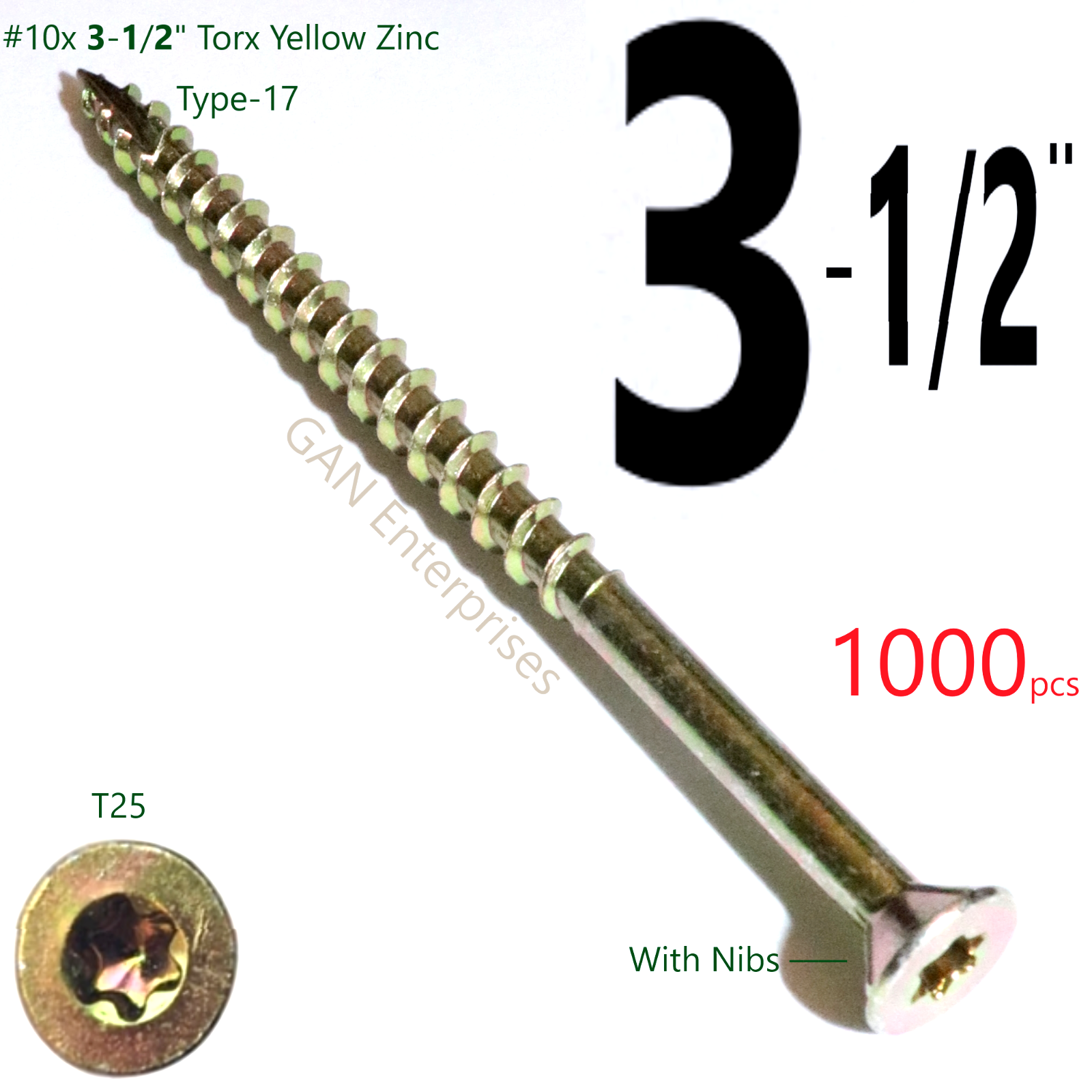 Torx T25 Star Flat Head 10 x 3-1/2 Yellow Zinc Type 17 Outdoor Wood ...