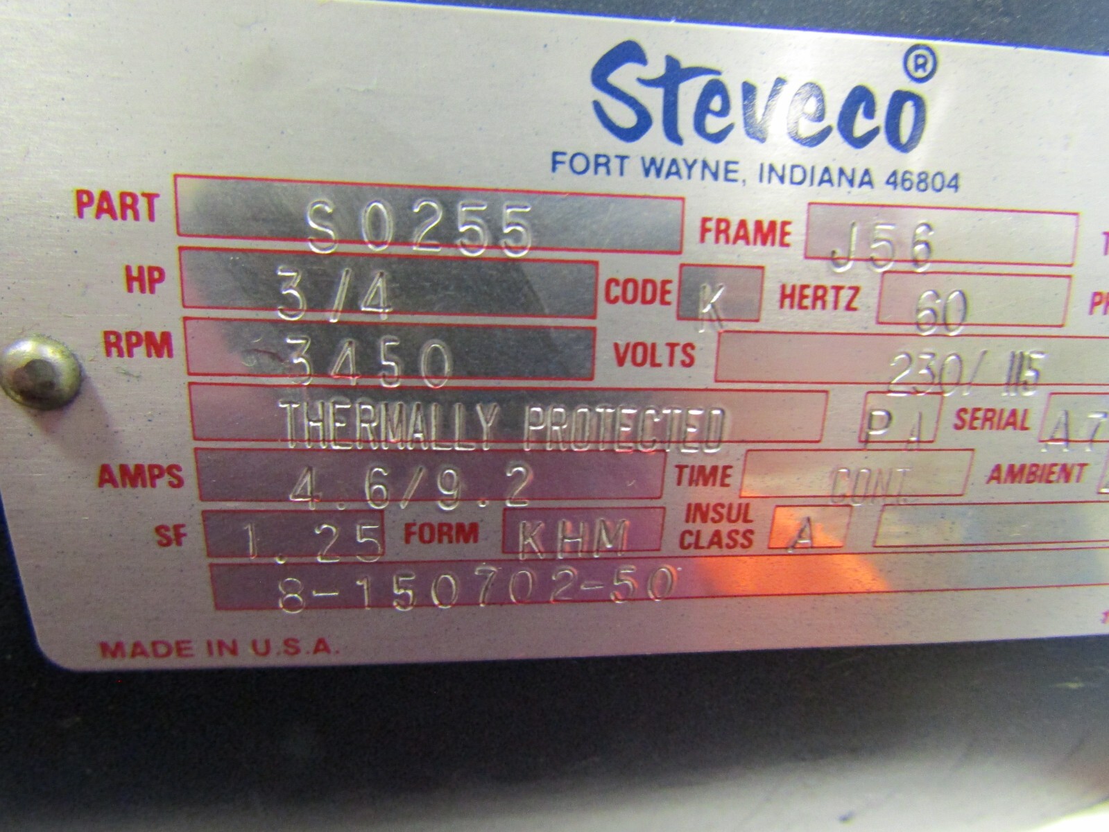 👀 STEVECO 3/4 HP ELECTRIC AC MOTOR J56 FRAME 3450 RPM 230/115 VAC 1 ...