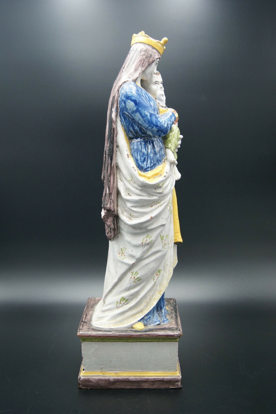 18TH POLYCHROMED VIRGIN MARY & JESUS CHILD FAIENCE DE NEVERS STATUE ...