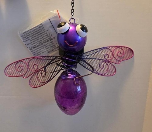 Dragonfly Purple Outdoor Solar Lantern Metal Wings Glass Belly Gift ...