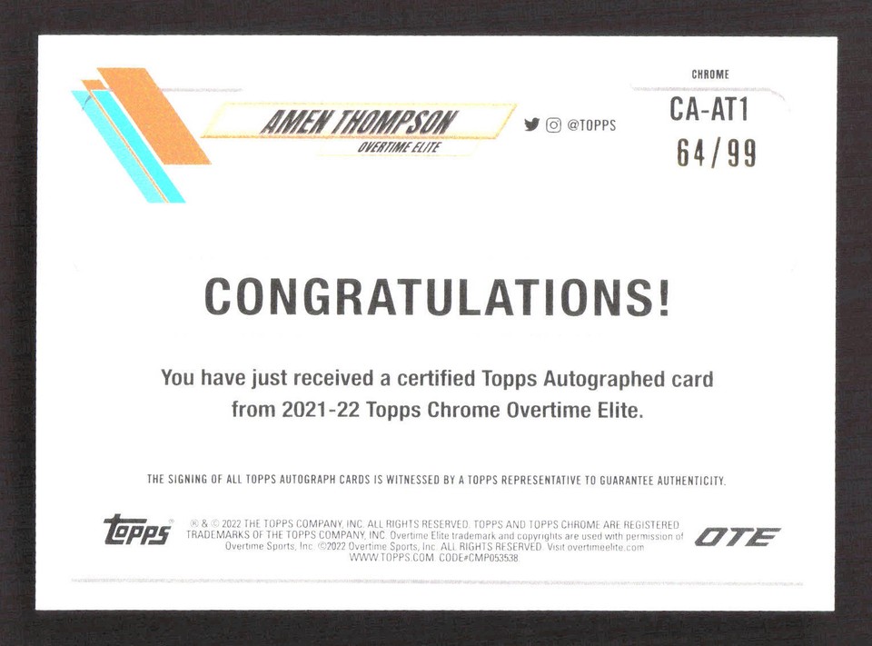 2021-22 Topps Chrome Overtime Elite Amen Thompson Chrome Autographs ...