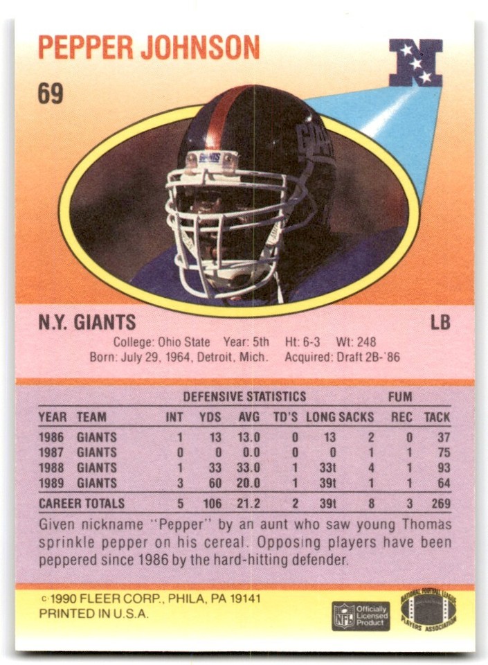 1990 Fleer Pepper Johnson New York Giants #69 | eBay