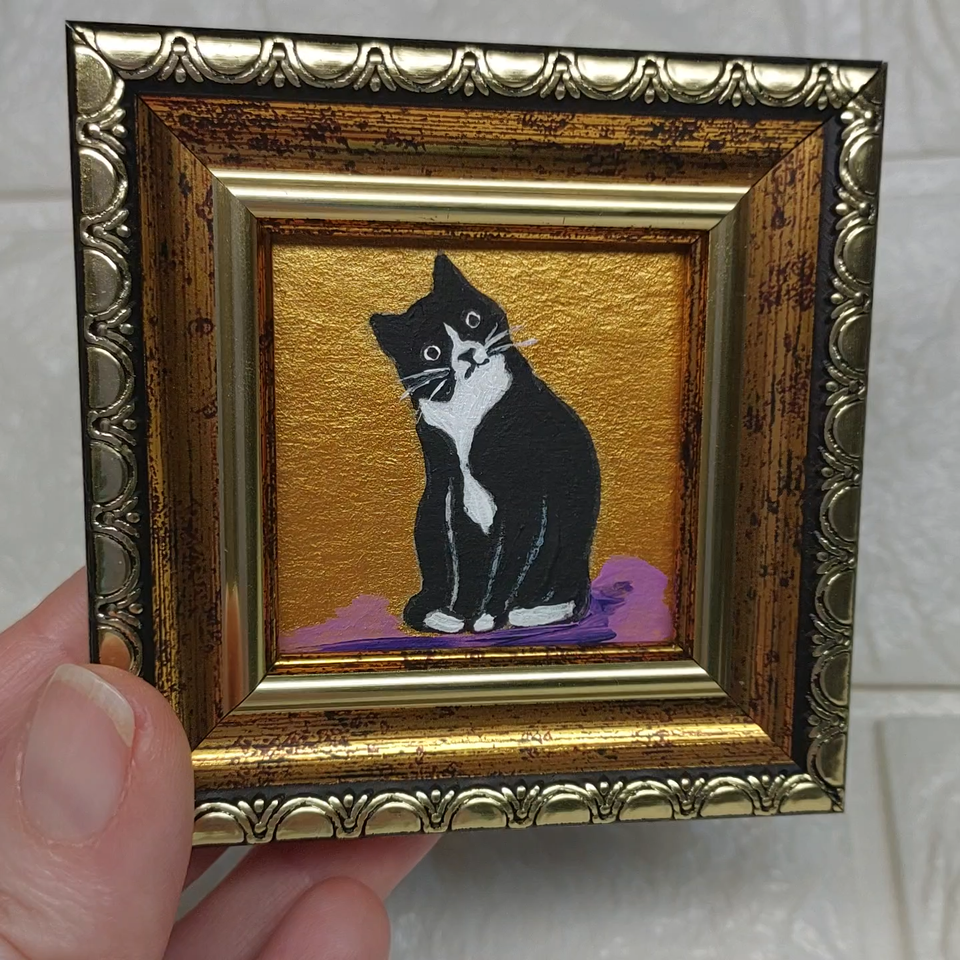 Black white cat Painting Сat portrait 2x2 Framed original art tuxedo ...