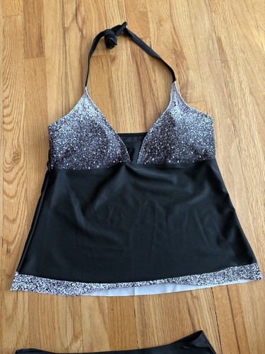 New! Black white speckled tankini set swim skirt with bottoms small | eBay