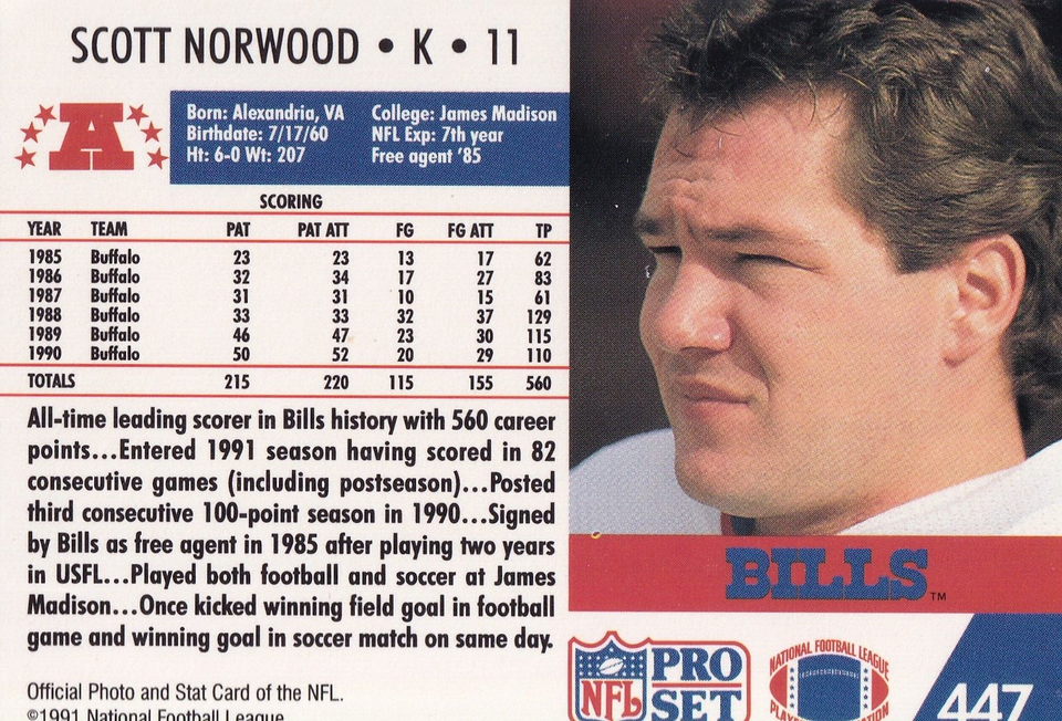 1991 Pro Set #447 Scott Norwood NFL Buffalo Bills + (Yes 4 Free Mystery ...