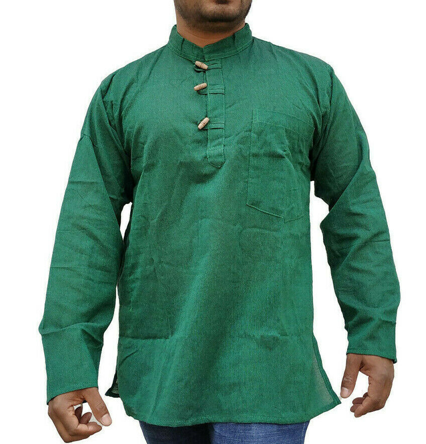 Green Men's Collarless Grandad Kurta Kurtha Shirt Full Sleeve Yoga Wear ...