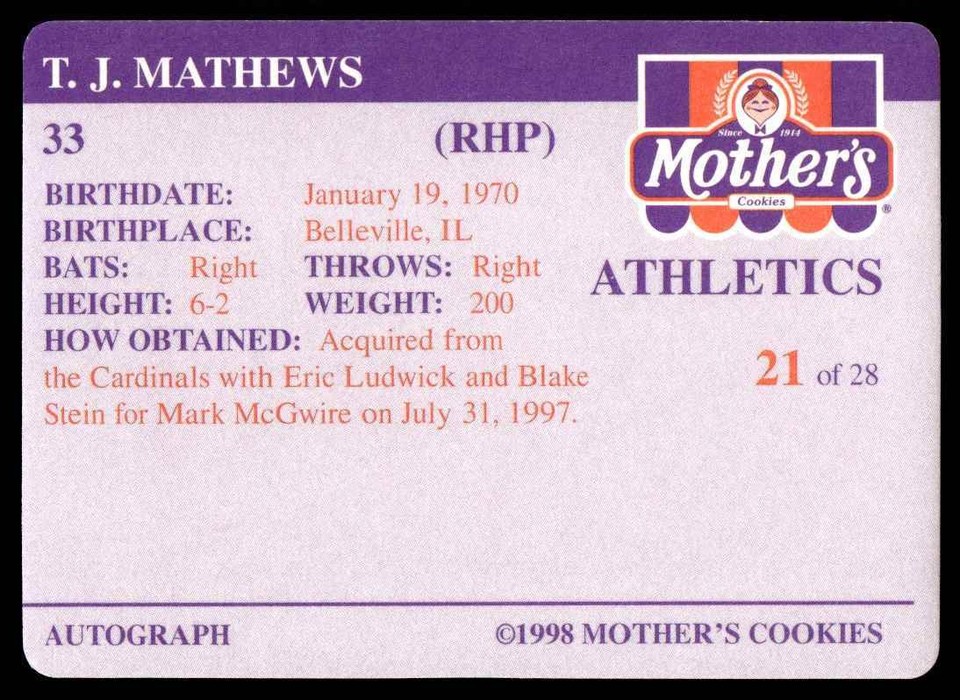 1998 Mother's Cookies Oakland Athletics T.J. Mathews #21 | eBay