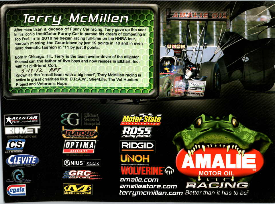 Terry McMillen Hand Signed 10X8 Cardstock 2012 NHRA Amalie Motor Oil ...