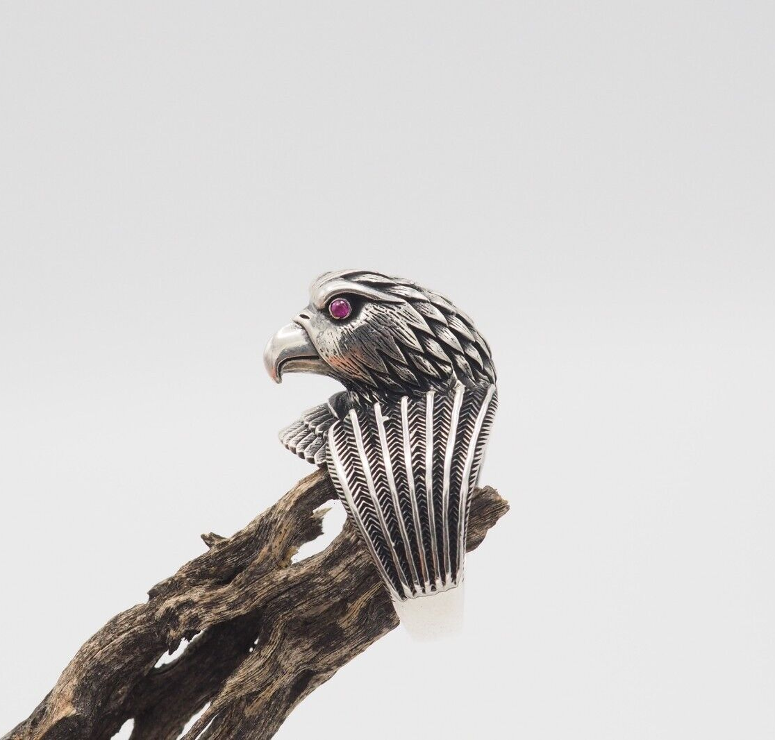 VTG Sterling Silver Hawk Vulture bird Bikers Men sculptured 3D ring ...