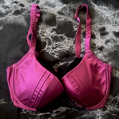Magenta Pink Satin Lightly Padded Push-up Bra Black Lace Size 32F ...