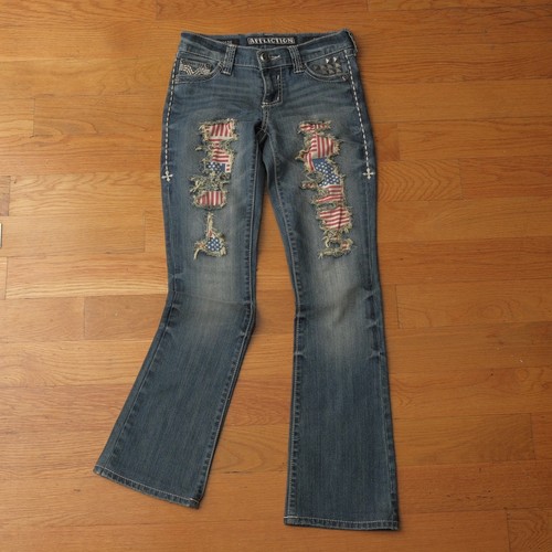 Affliction Jade Bootcut Jeans USA Flag Patch Distressed Studded Denim ...
