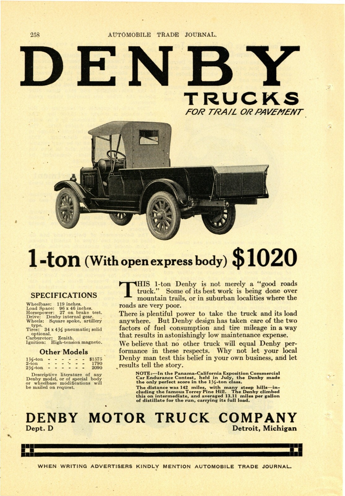 1917 Denby Motor Trucks Ad: 1 Ton for Trail or Pavement - Specs ...
