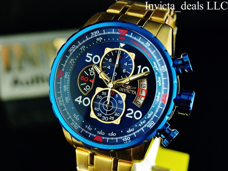 Invicta Men's 48mm AVIATOR Chronograph BLUE DIAL Gold Tone Blue Bezel ...
