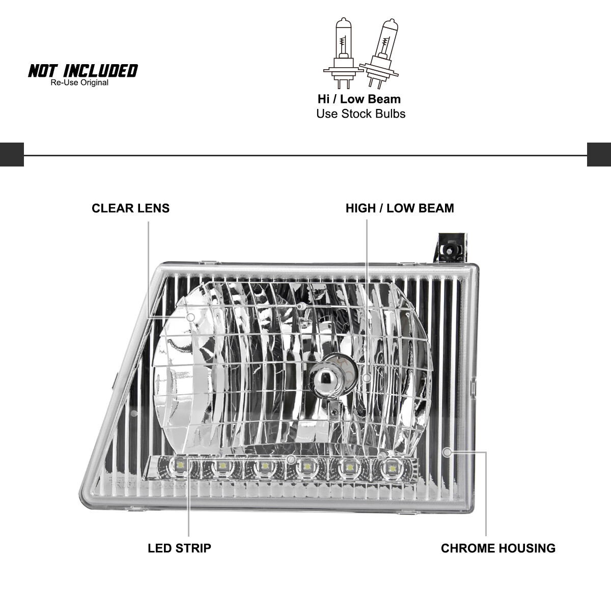 Headlights Fits 1992-2006 E150 E250 E350 E450 Econoline LED Strip Clear ...