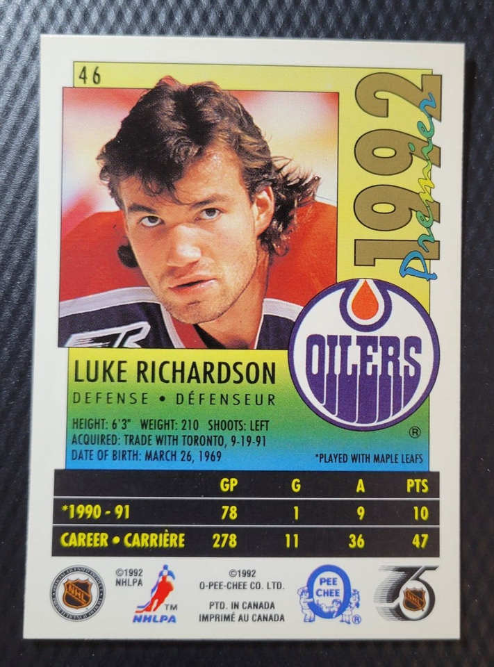 1991-92 O-Pee-Chee Premier LUKE RICHARDSON Edmonton Oilers Hockey NHL ...