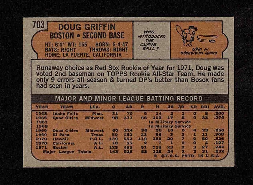 1972 TOPPS #703 DOUG GRIFFIN BOSTON RED SOX HIGH NUMBER CARD -- NM MINT ...