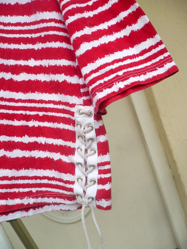 SAG HARBOR RED WHITE JAGGED STRIPED KNIT TOP XL BLOUSE LACE UP TIES 3/4 ...