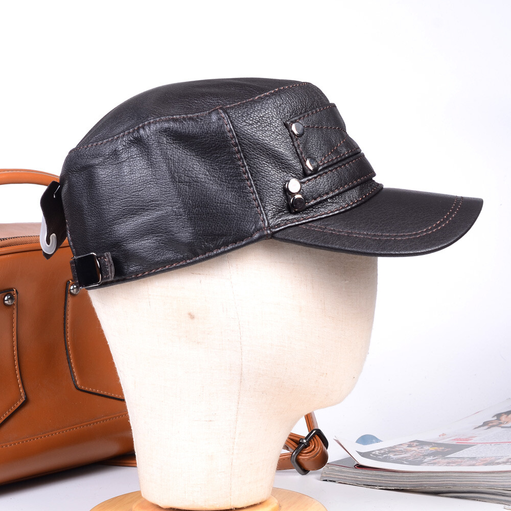 Men's Real Leather Military Flat top Cap Service Cap Beret Navy/Army ...