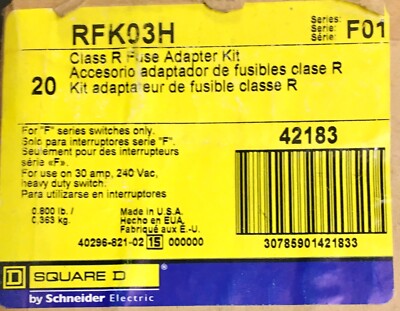 SQUARE D RFK03H Class R Fuse Adapter Kit 30 AMP 240 VAC F Series ...