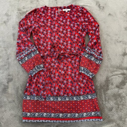 Loft Shift Dress SMALL Red Long Sleeve Belted Floral Boho Bohemian ...