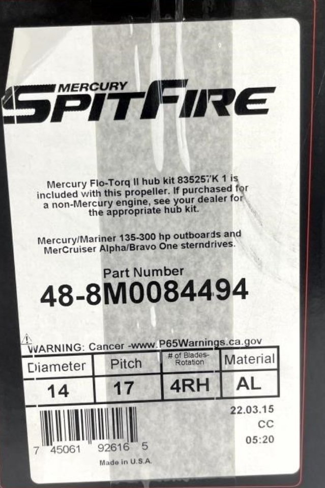 Mercury 48-8M0084494 14 x 17 Boat Propeller Spitfire OEM 4 Blade Prop W ...