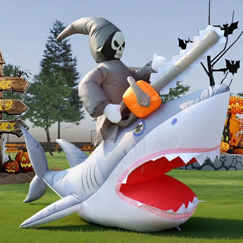 Halloween Inflatable Decoration 6FT Death Rode on Shark with a Chainsaw ...