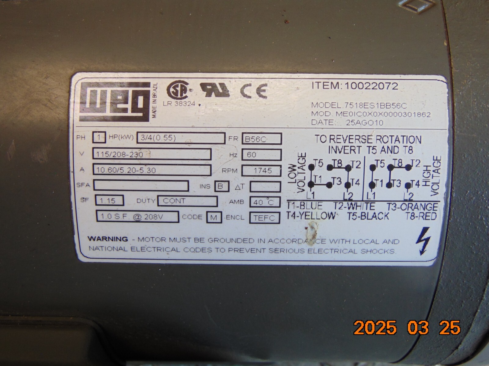 WEG 7518ES1BB56C 3/4HP MOTOR 1-PHASE 115/208-230V 1745RPM 10022072 w ...