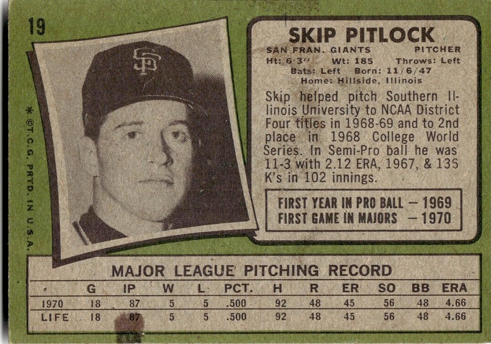 1971 Topps Skip Pitlock Rookie San Francisco Giants #19 | eBay