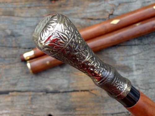 Brass Long Knob Antique Head Handle Vintage Wooden Inlay Cane Walking ...