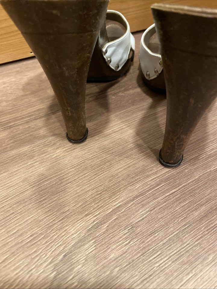 VTG Candies 6 White Leather Wooden Platform Sandals High Heels Slides ...