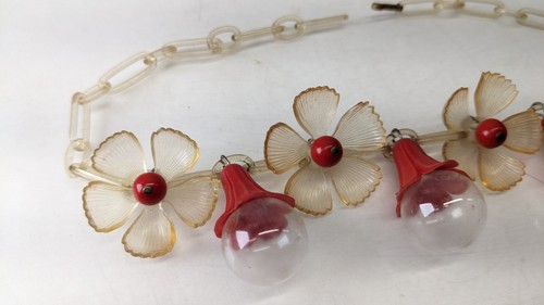 Antique Vintage Glass Balls Celluloid Lucite Flower Necklace Clear Red ...