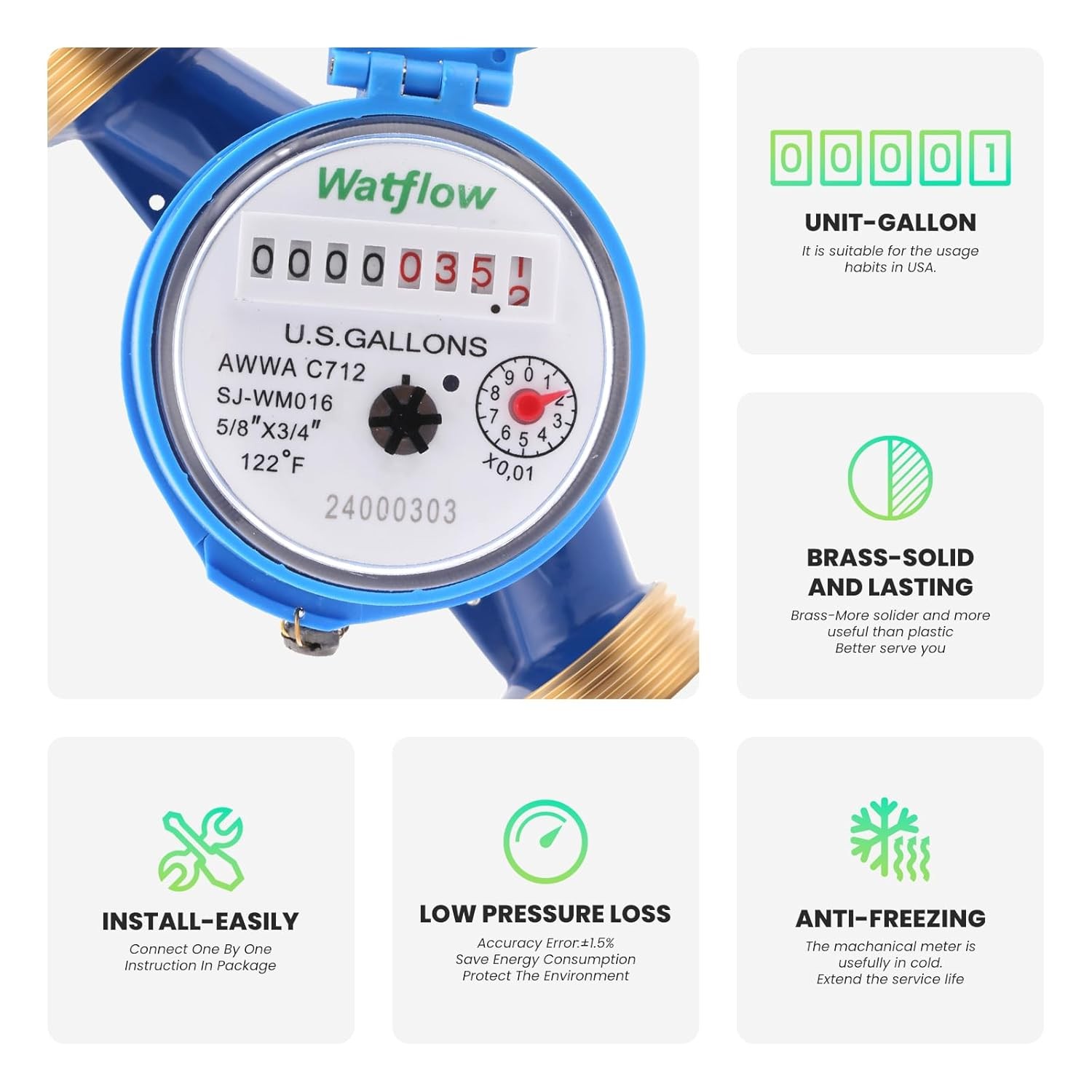 DN20 Water Meter 3 4 NPT AWWA C712 Certification Gallon Water Flow ...