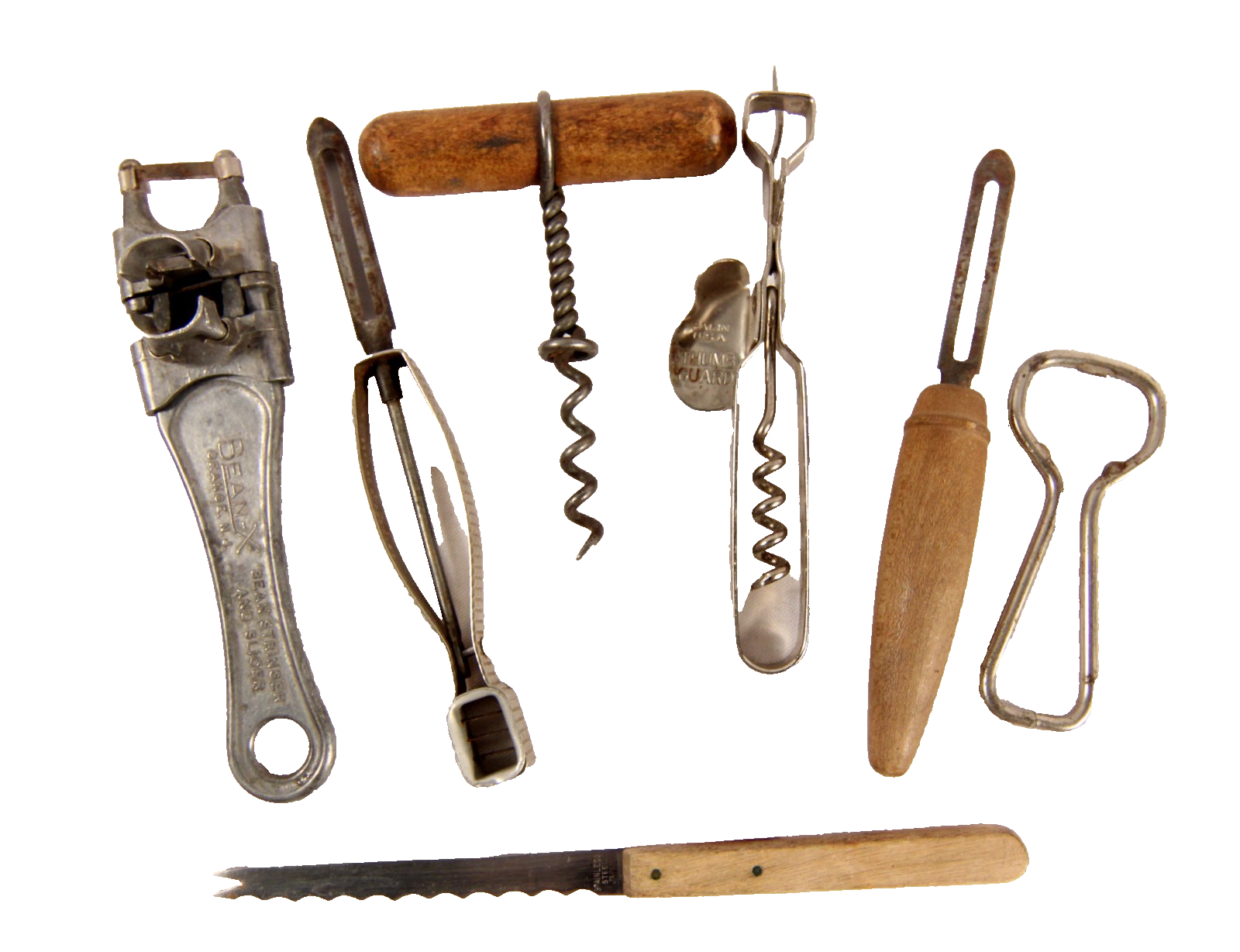 7 Antique Kitchen Tools Bean Stringer Can Opener Peeler Bottle Opener ...