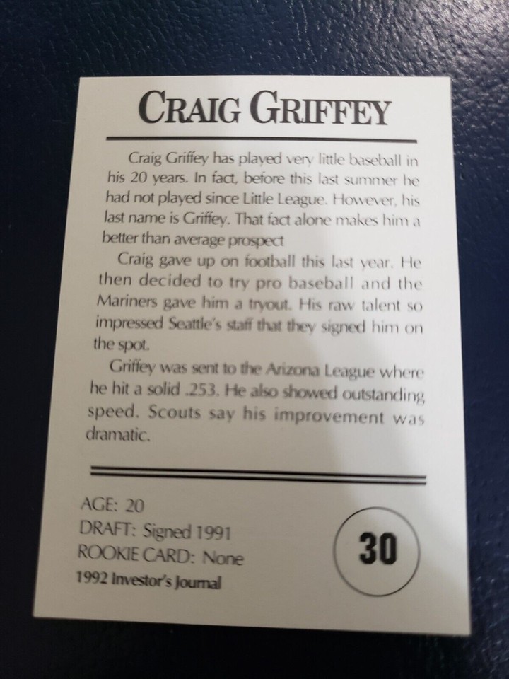 Craig Griffey Mariners Investor's Journal Gold 1992 Double Name Strike ...