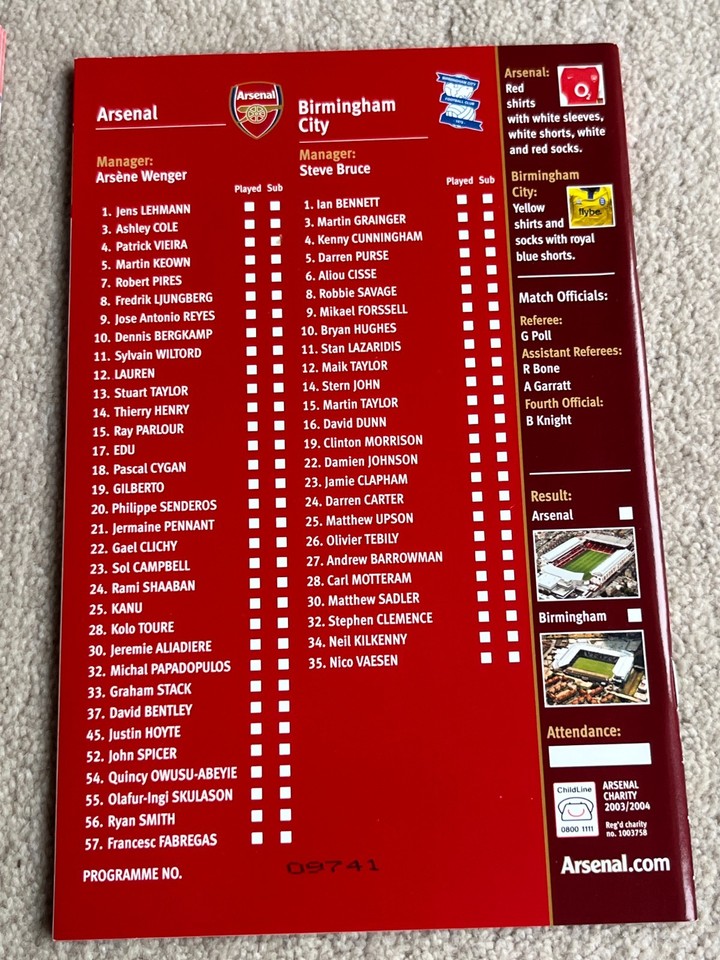 19 Arsenal FC 2003/2004 Home Game Match Programmes, Invincibles Season ...